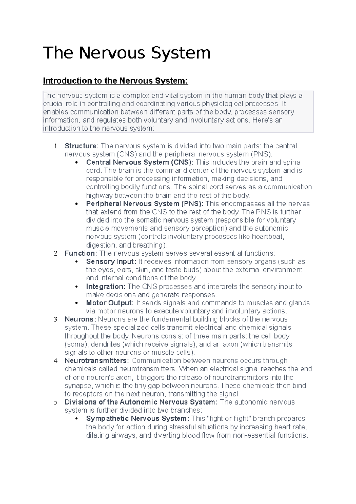The Nervous System - The Nervous System Introduction to the Nervous System: The nervous system ...