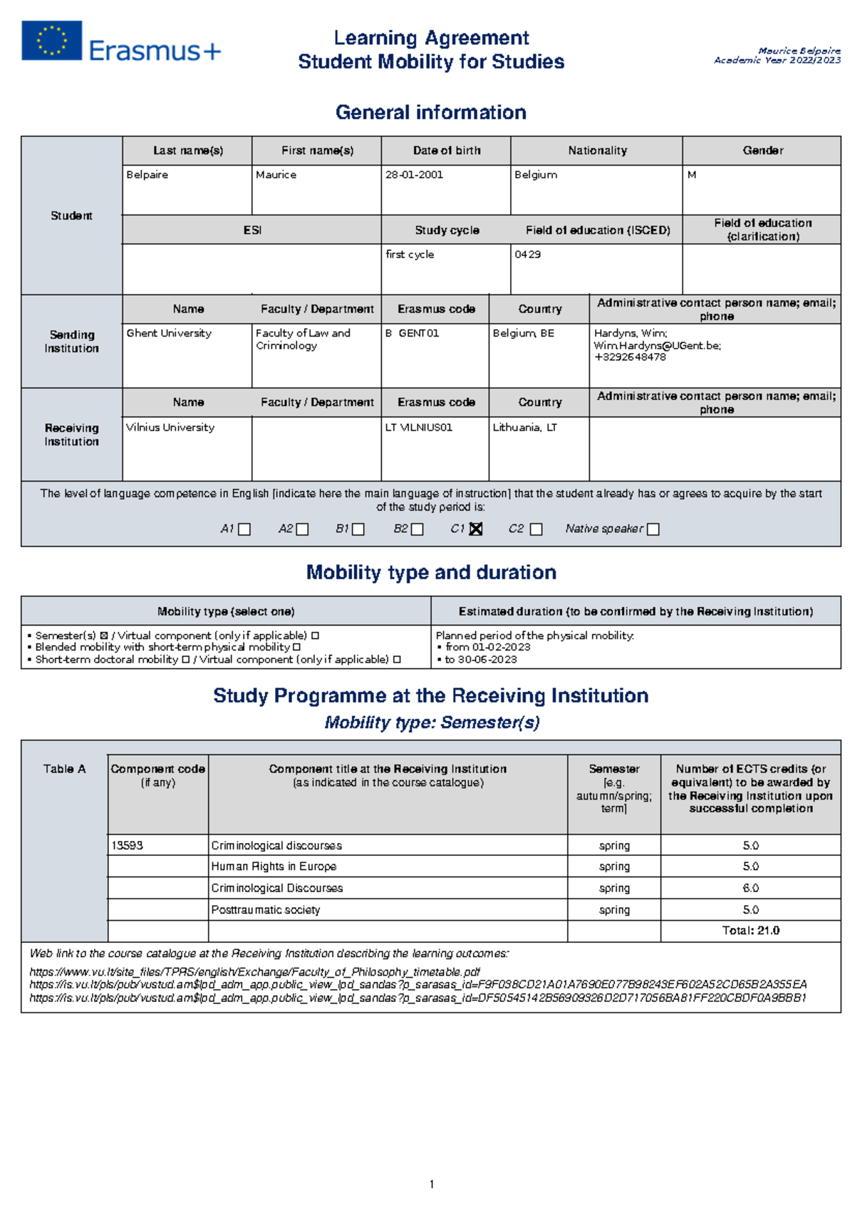 LA Maurice Belpaire - pojpoj - Learning Agreement Student Mobility for ...