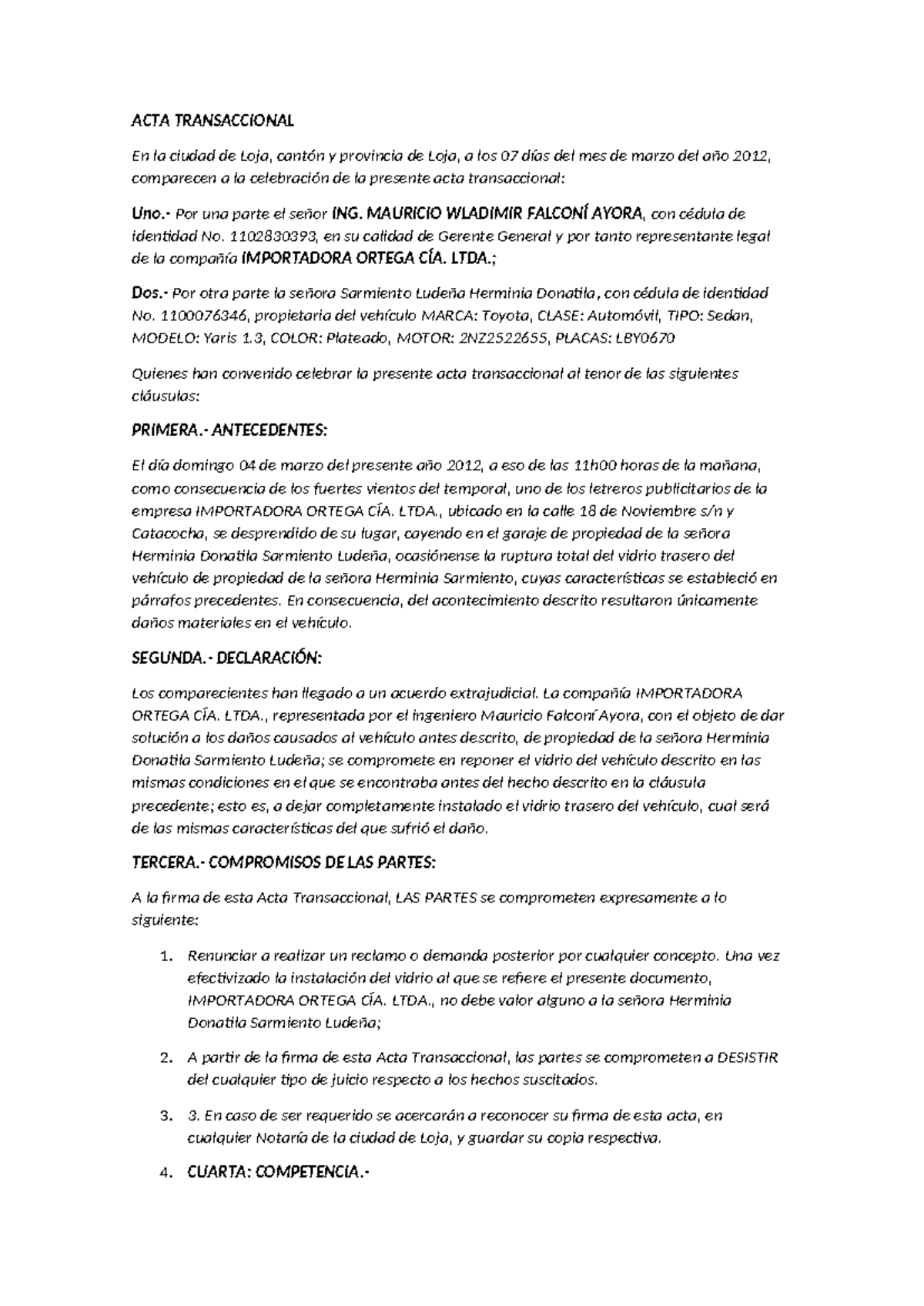 Modelo - ACTA Transaccional (desistimiento) - ACTA TRANSACCIONAL En la ...