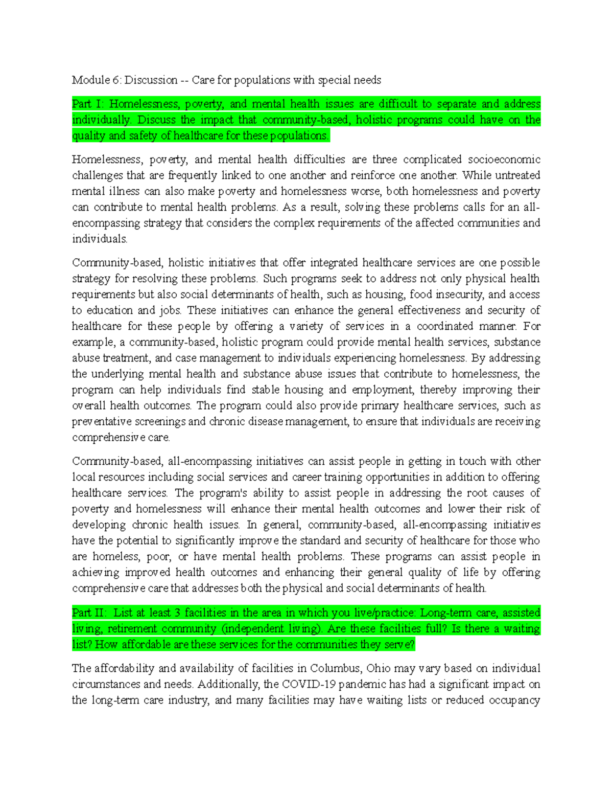 Care of population with special needs - Module 6: Discussion - Care for ...