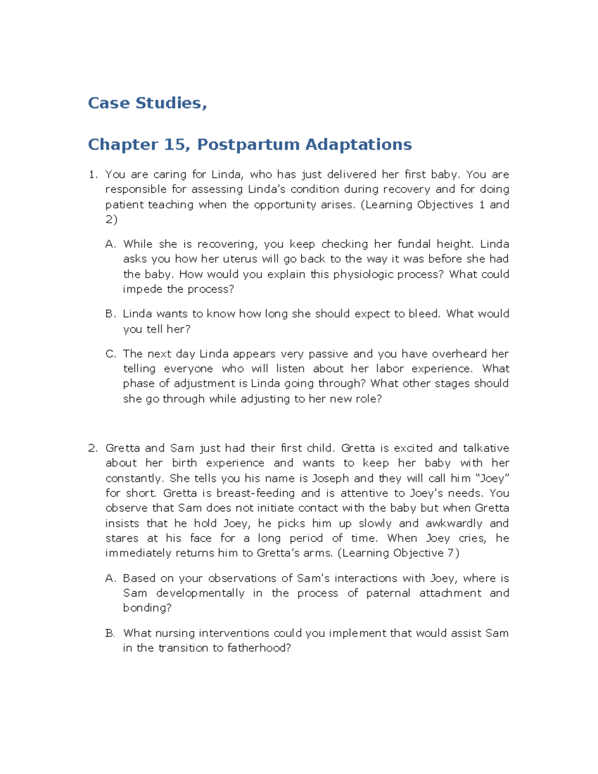 Case studies 1-2 - Case Studies, Chapter 15, Postpartum Adaptations You ...