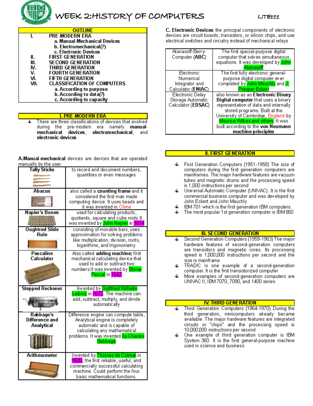 History-OF- Computers - WEEK 2:HISTORY OF COMPUTERS LITE 111 OUTLINE I ...