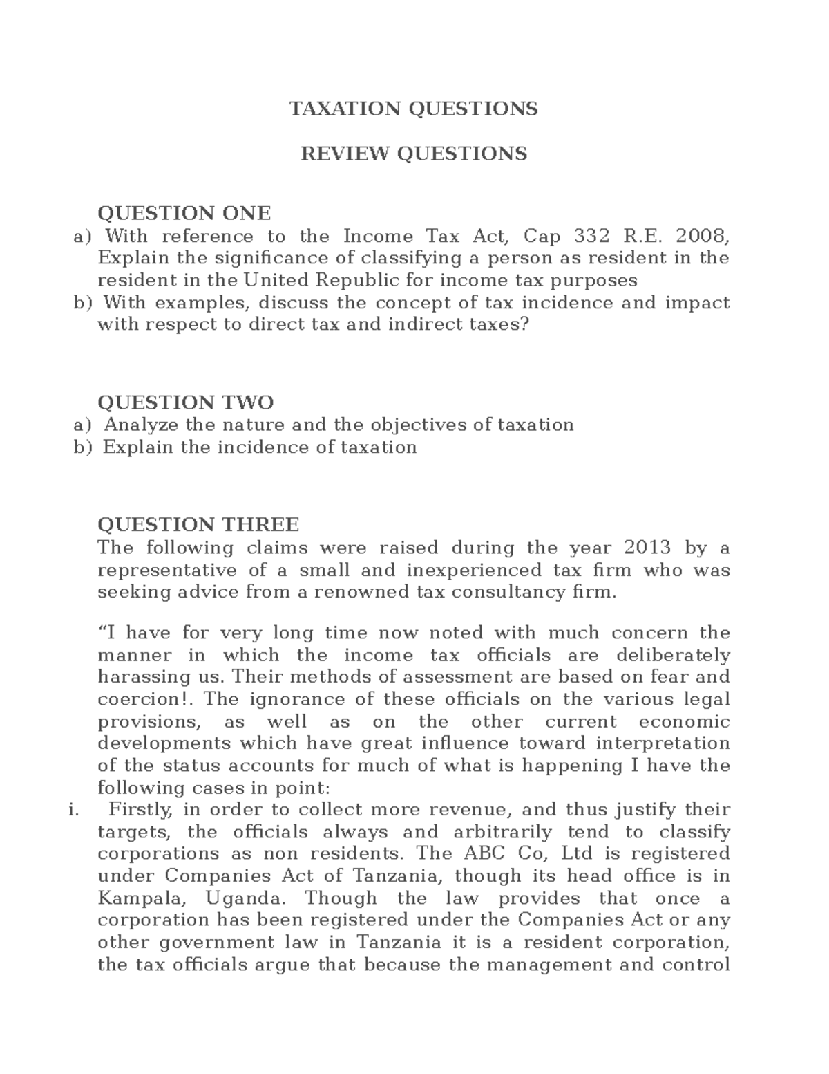 Exam 14 July 2019, questions - TAXATION QUESTIONS REVIEW QUESTIONS ...
