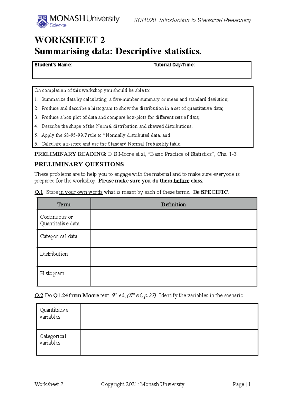SCI1020 Worksheet 2 - start early ;) - SCI1020: Introduction to Statistical Reasoning WORKSHEET ...