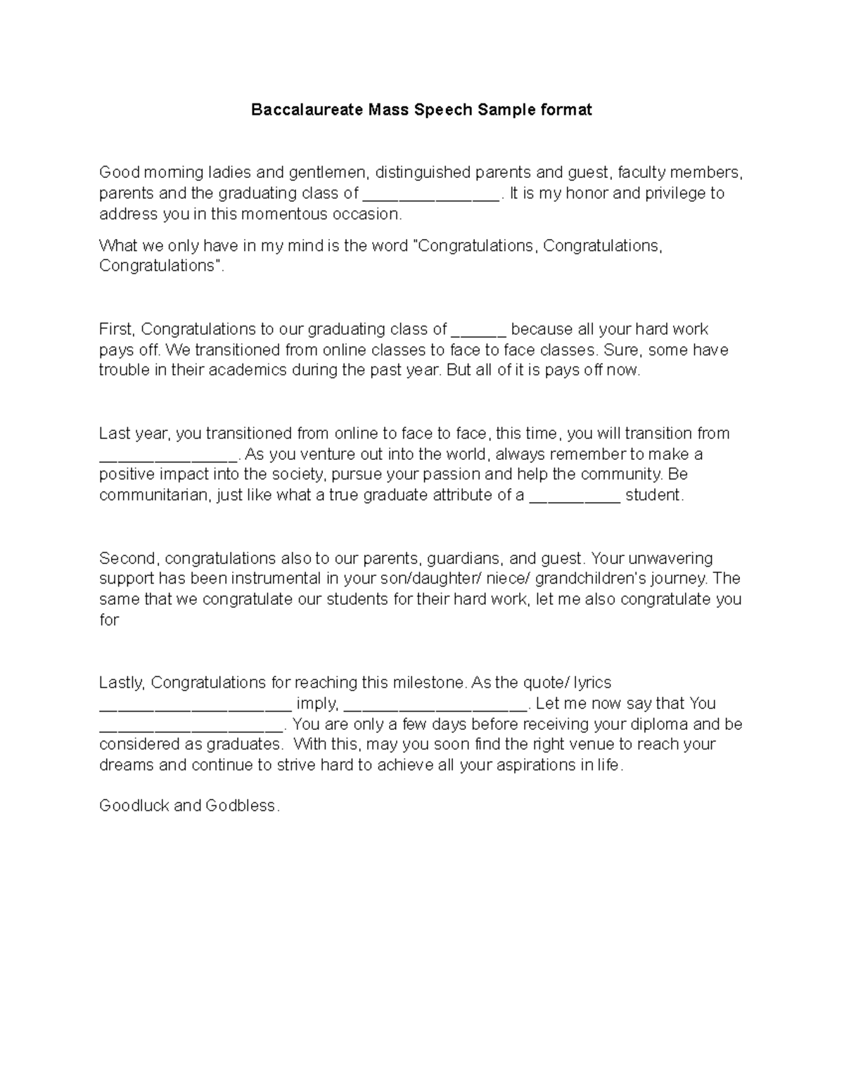 Baccalaureate Mass Speech Sample format - It is my honor and privilege ...