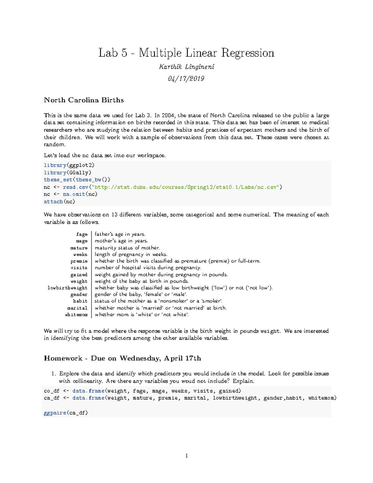 Lab5 - lab 5 - Lab 5 - Multiple Linear Regression Karthik Lingineni 04 ...