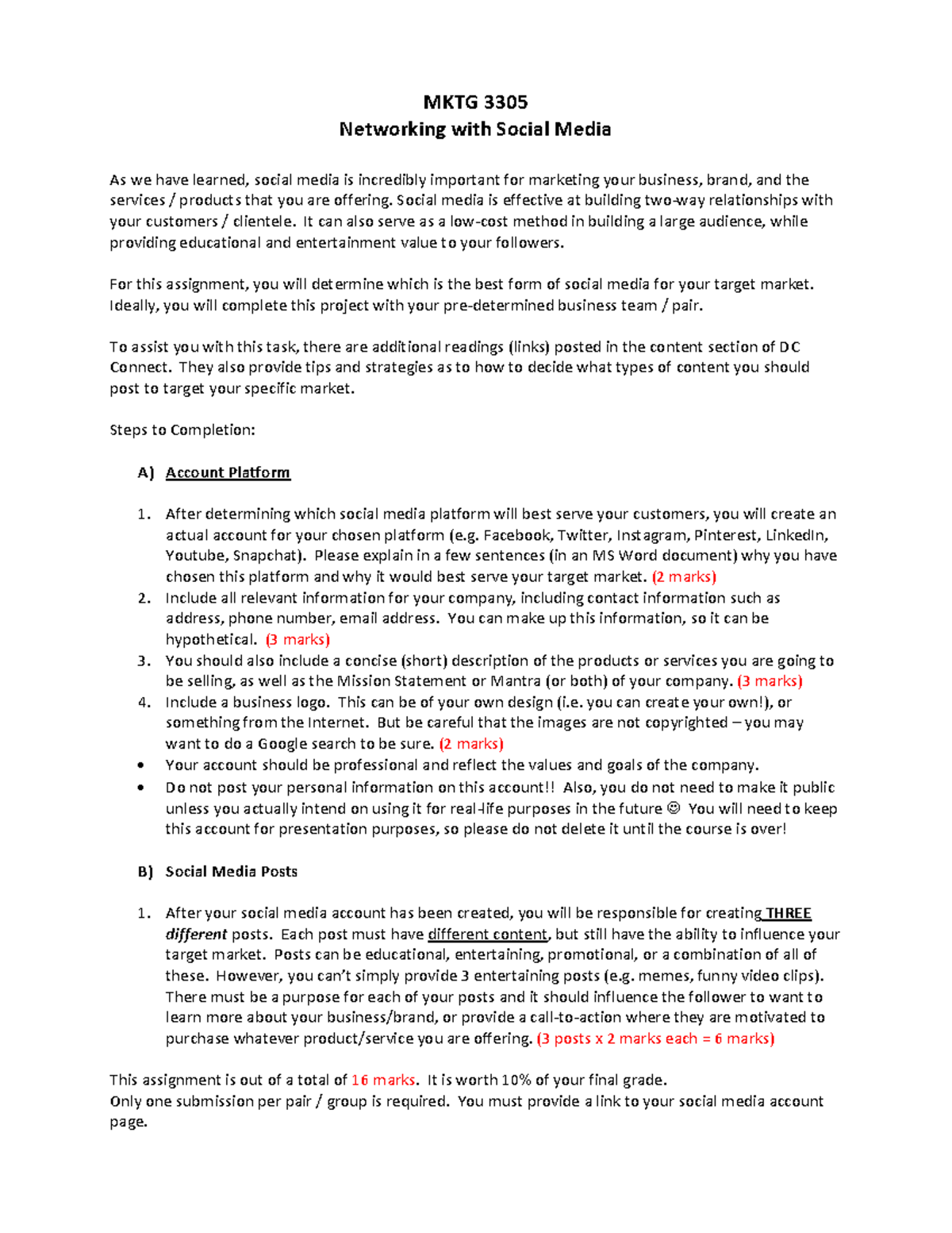 Networking with Social Media Assignment - MKTG 3305 Networking with ...