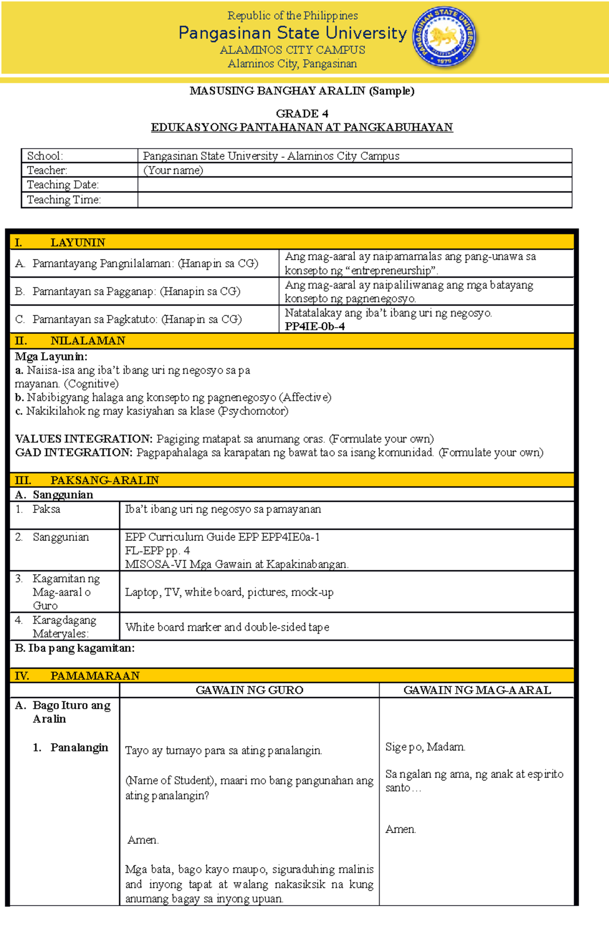 Sample Detailed LP - MASUSING BANGHAY ARALIN (Sample) GRADE 4 ...