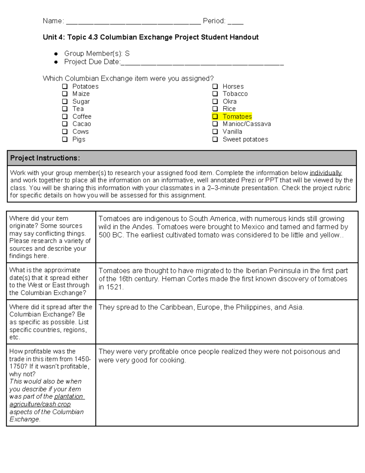 Unit 4 Columbian Exchange Project Student Handout - Complete the ...