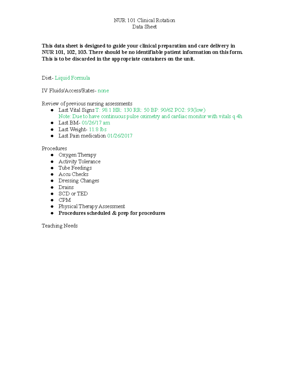 Pediatrics Charting - NUR 101 Clinical Rotation Data Sheet This data ...