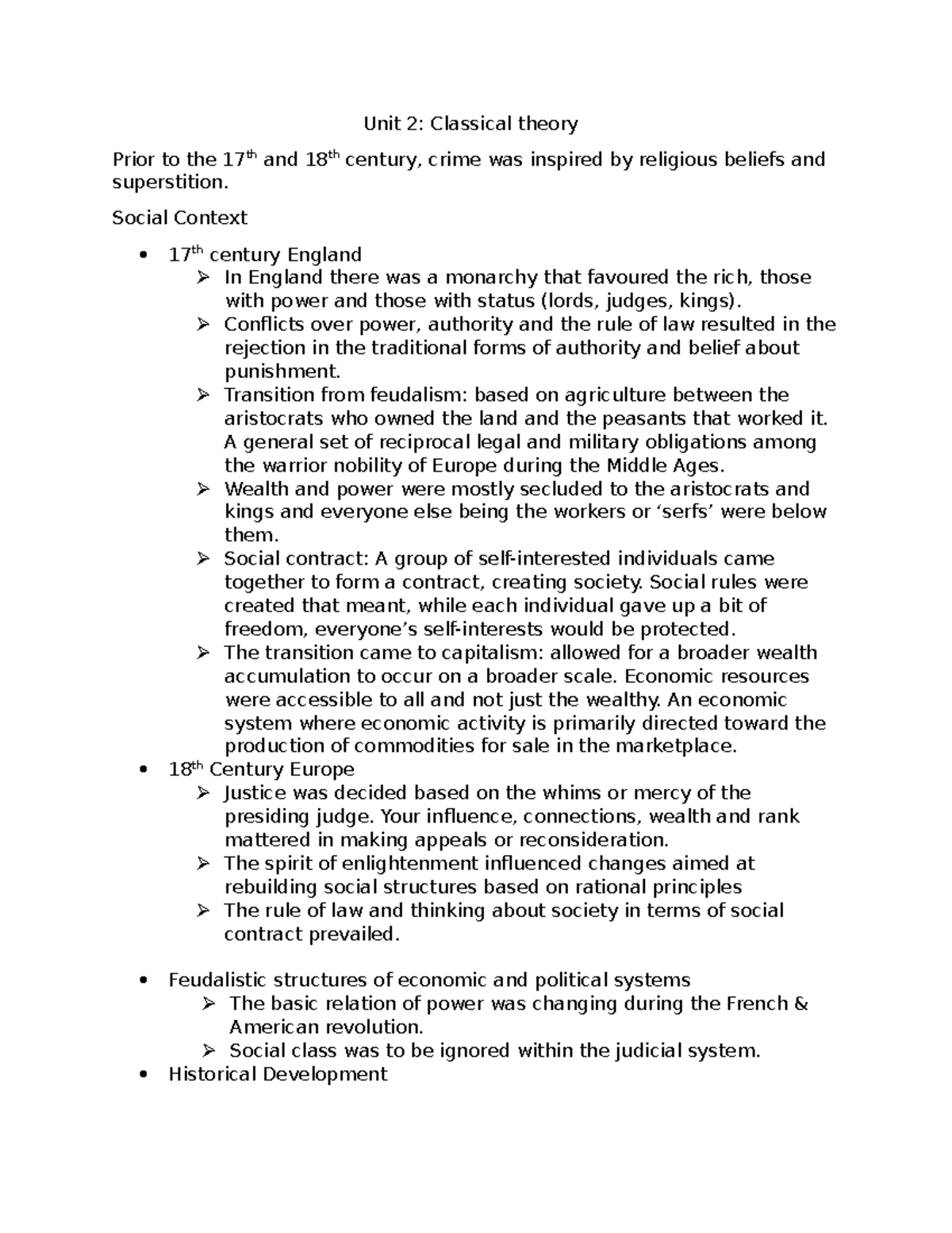Unit 2 Crime - Chapter 2 notes - Unit 2: Classical theory Prior to the ...
