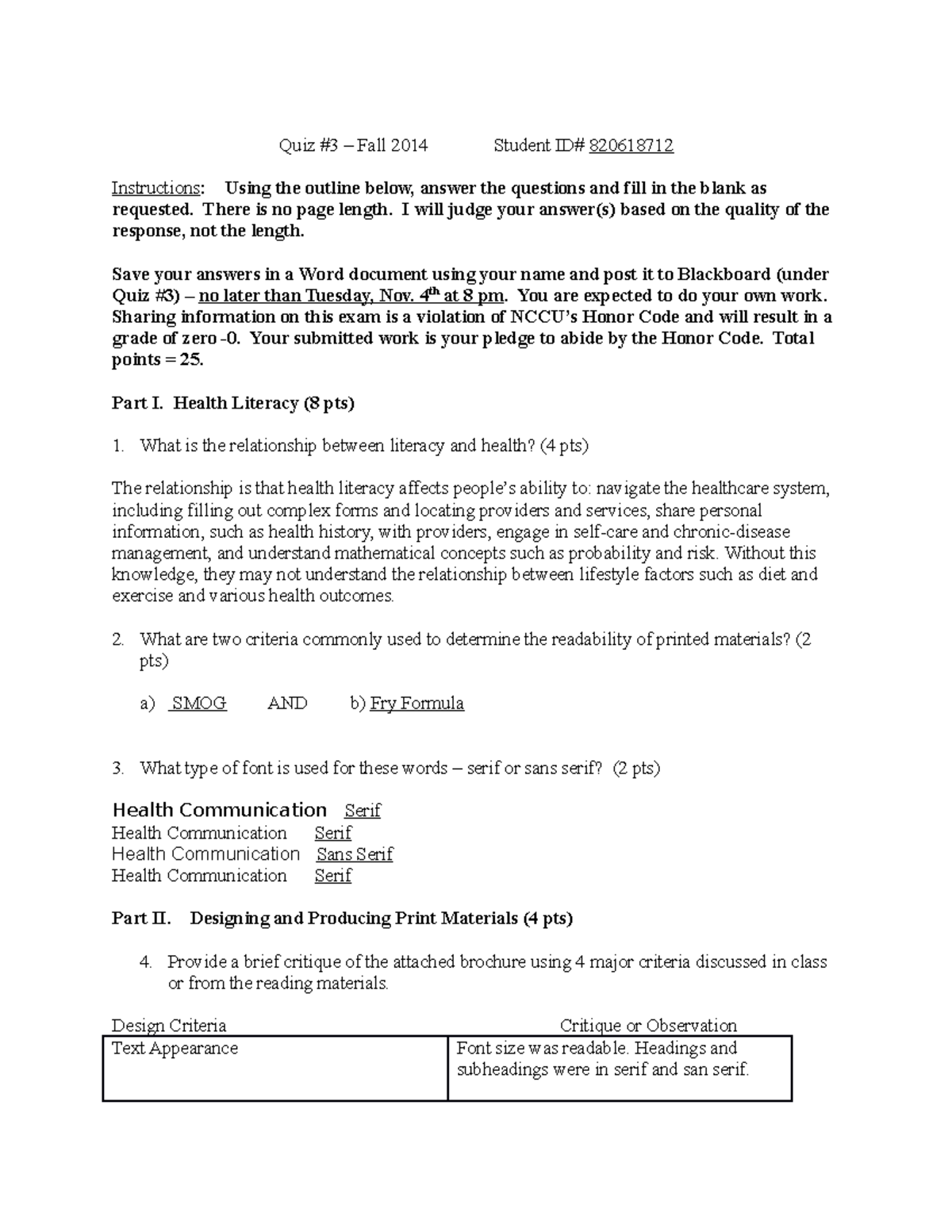 HEDU 4000 Quiz - Fall 2014 - Quiz #3 – Fall 2014 Student ID# 820618712 ...