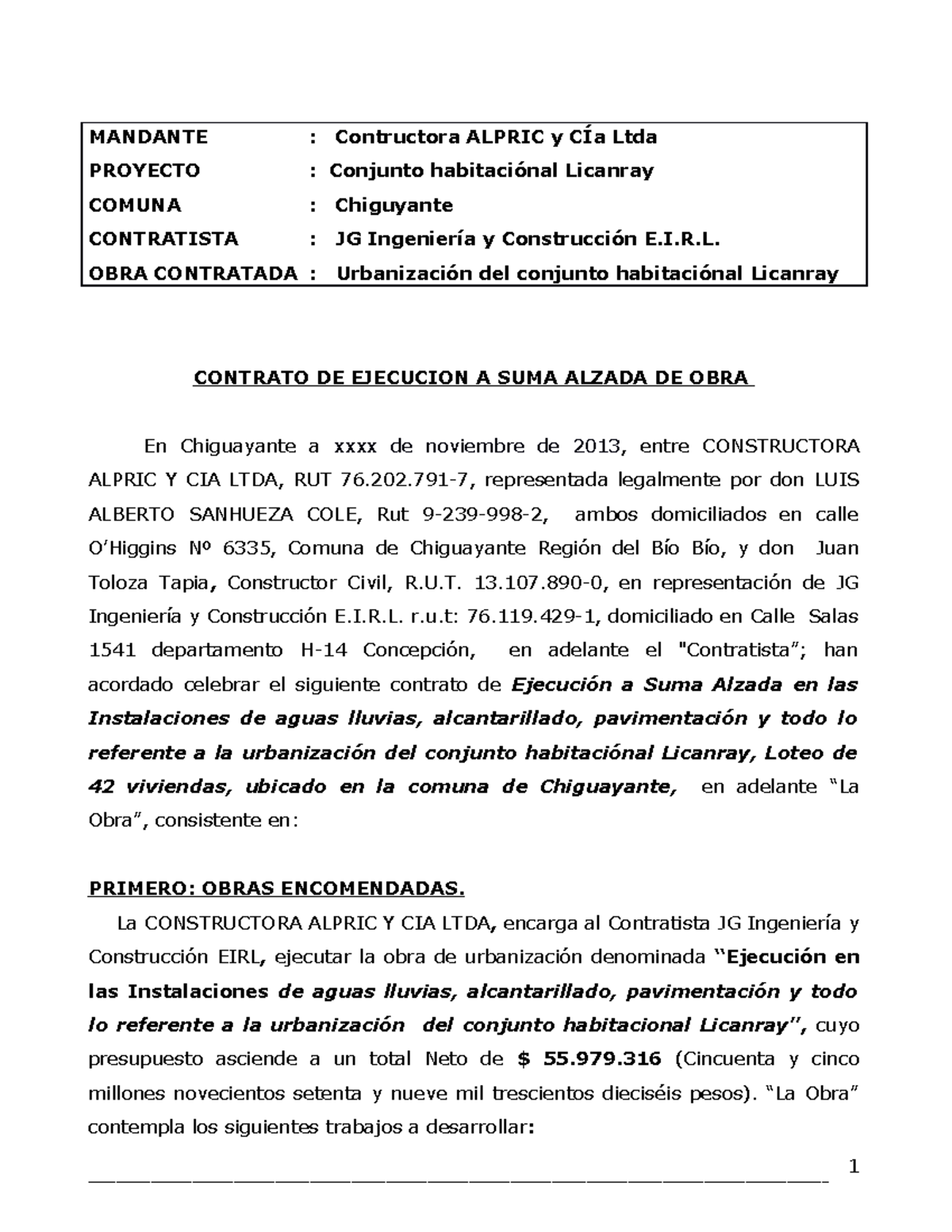 Contratodeobra - Contrato - MANDANTE : Contructora ALPRIC y CÍa Ltda ...