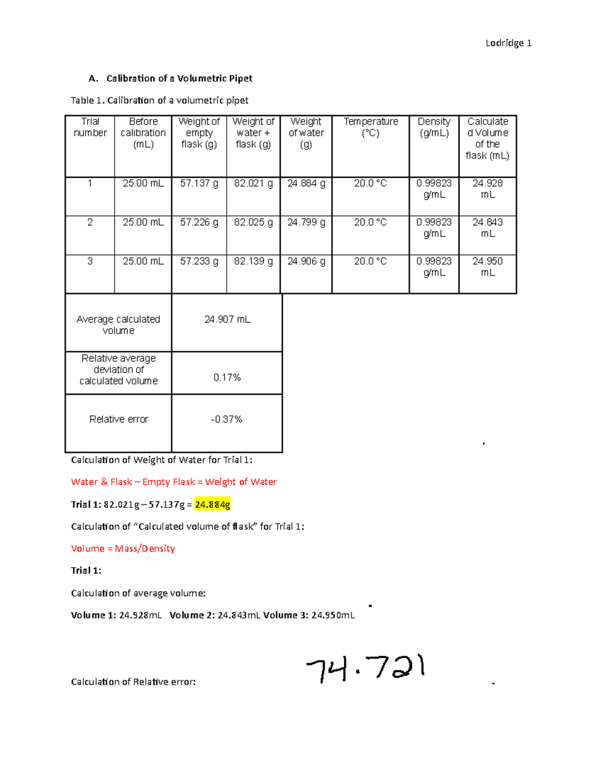 Lodridge Post-lab 1 - Jessica Ringo - A. Calibration of a Volumetric ...