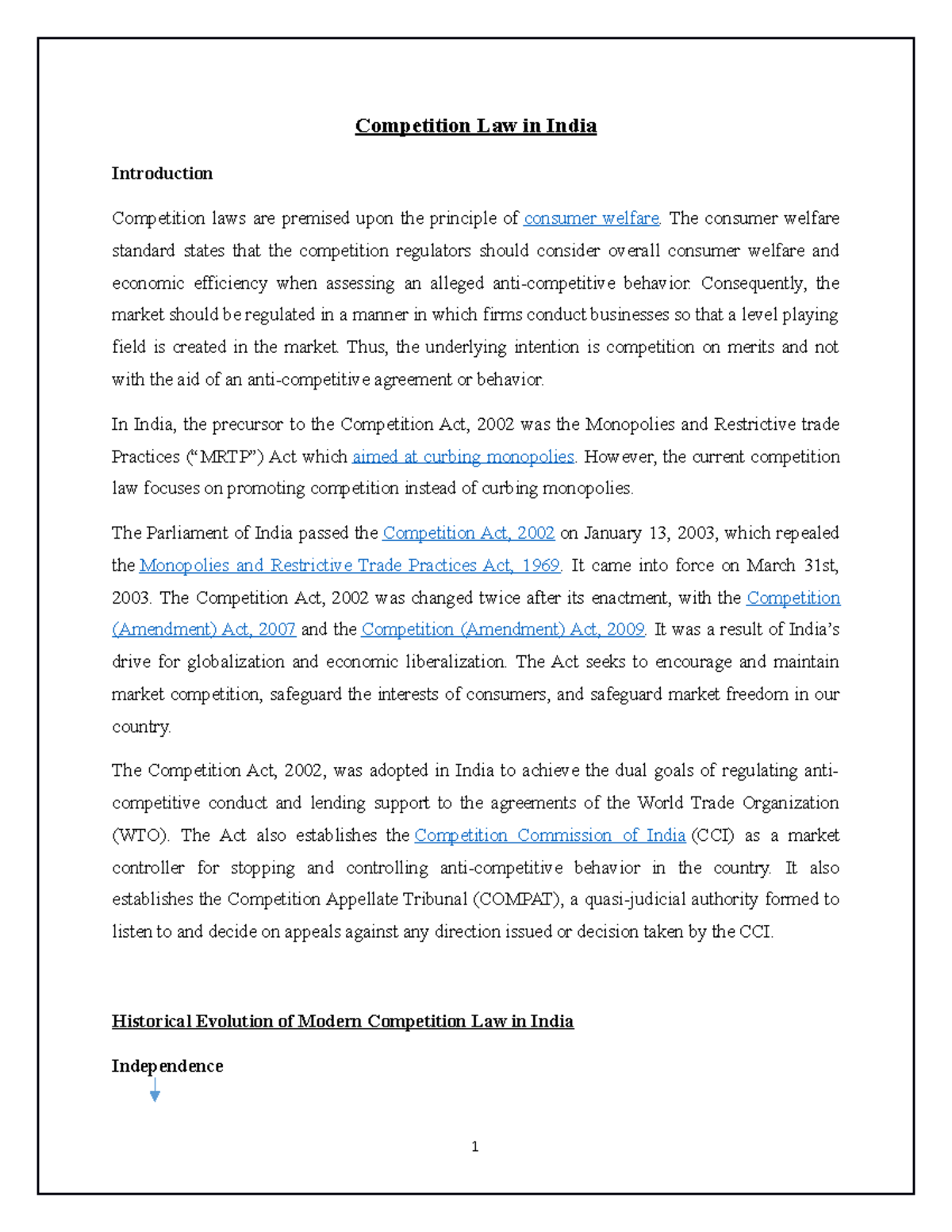 CCI - no such - Competition Law in India Introduction Competition laws are premised upon the ...