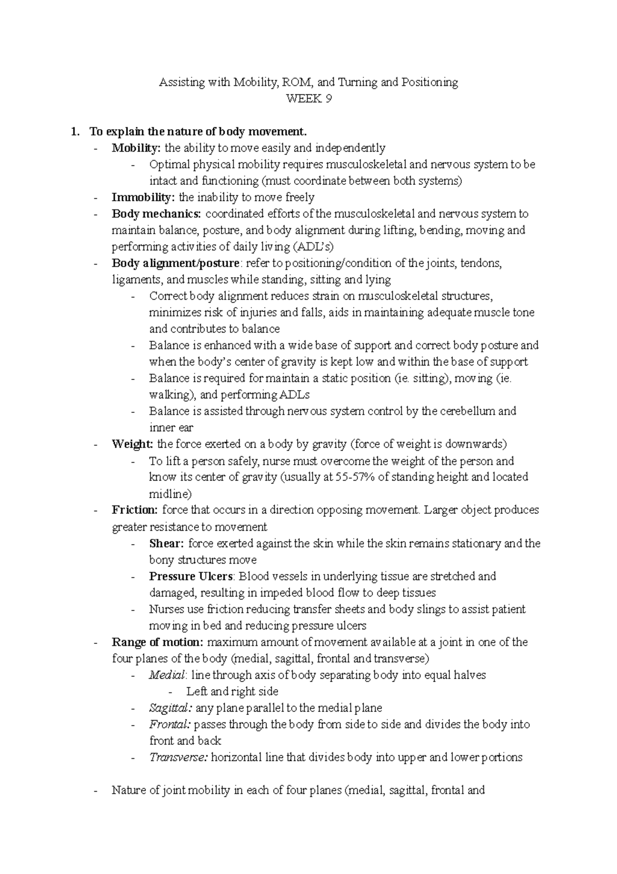 N1160 WEEK 9 - Assisting with Mobility, ROM, and Turning and ...