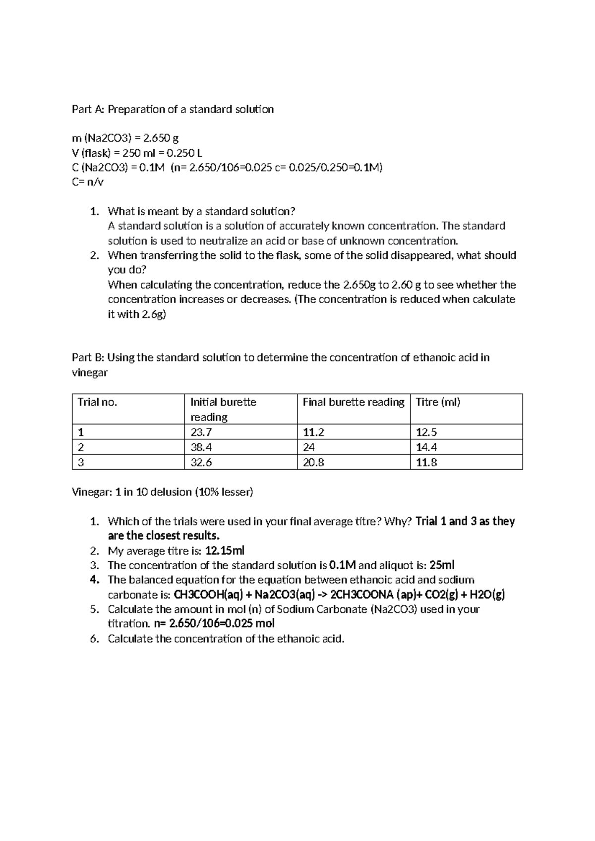 Titrate the vinegar with stardard solutions - Part A: Preparation of a ...