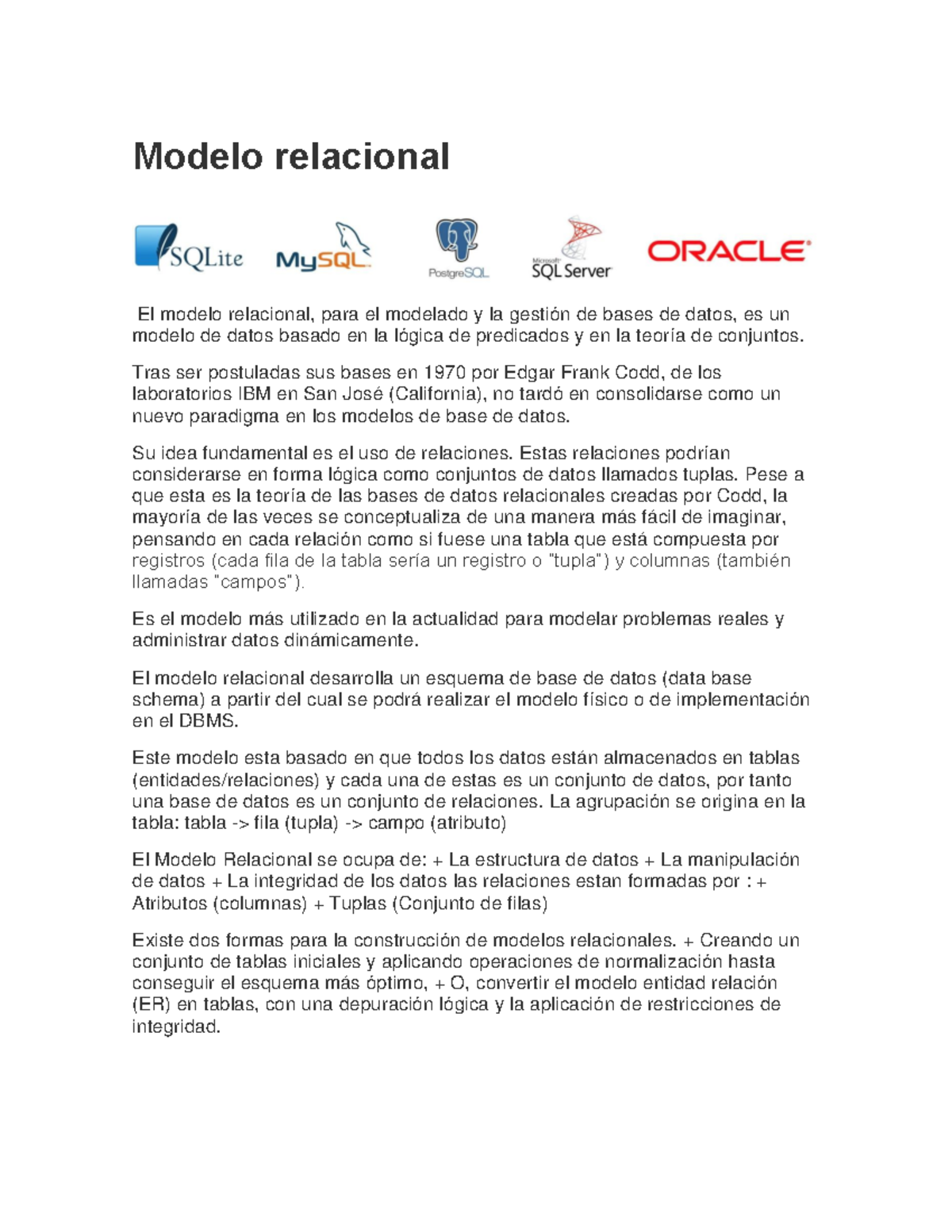 Tema 3.1 Notas del Modelo relacional - Modelo relacional El modelo relacional, para el modelado ...