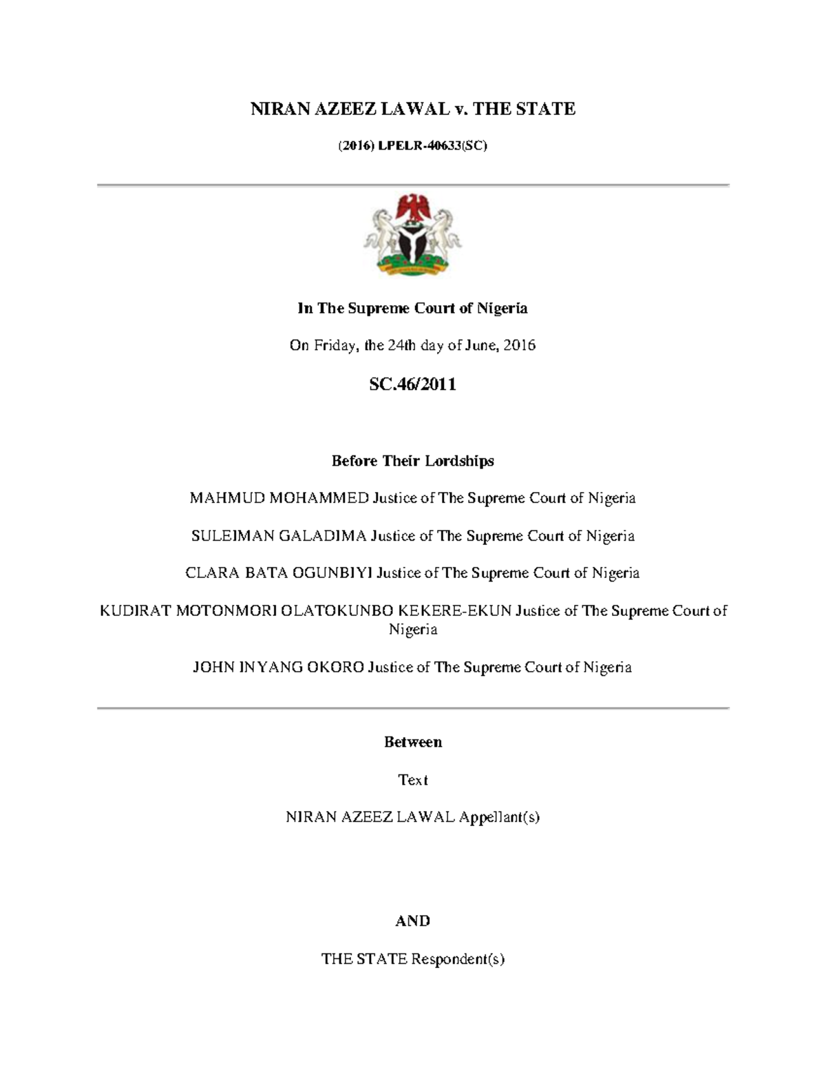 Niran Azeez Lawal v. THE State - NIRAN AZEEZ LAWAL v. THE STATE (2016 ...