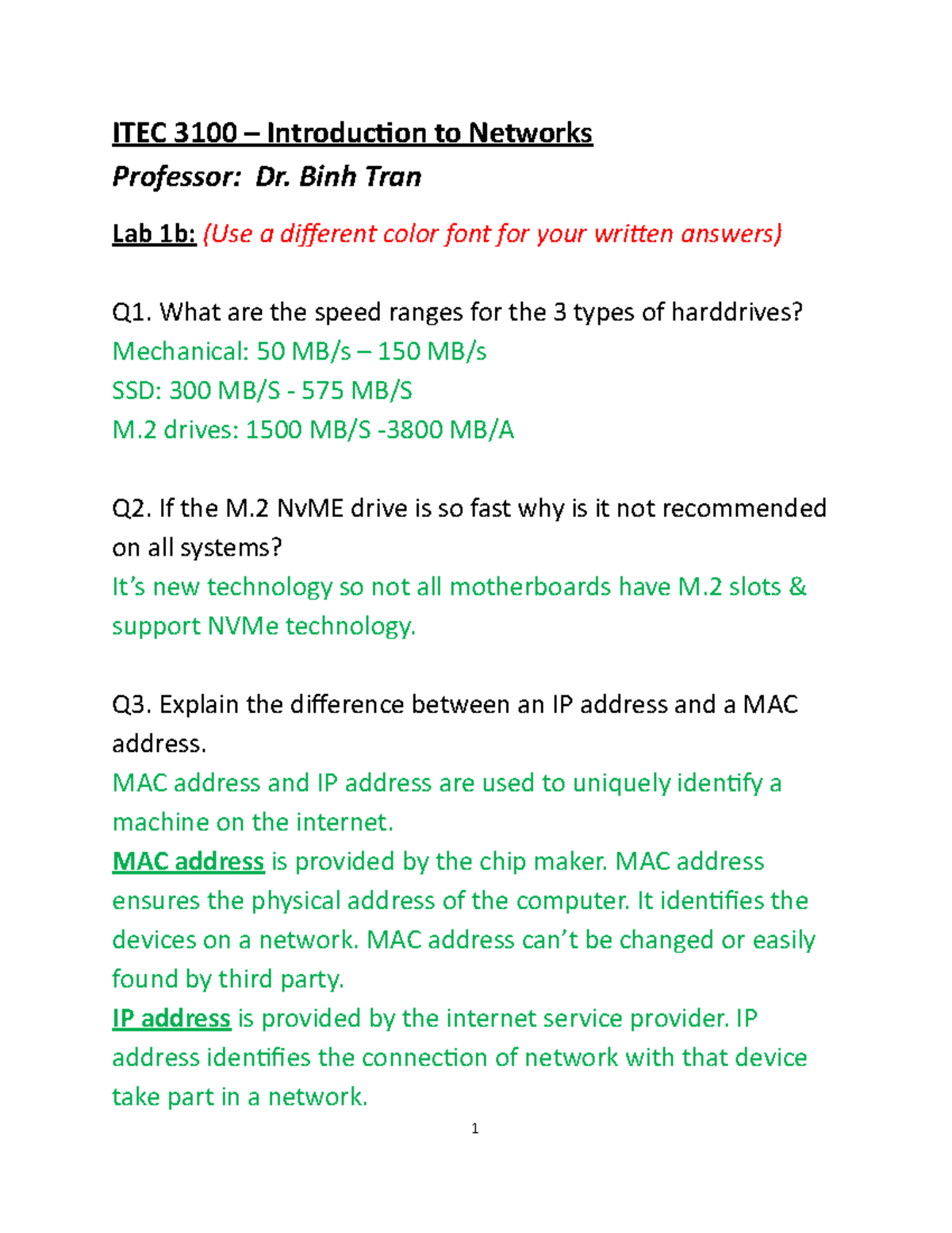 ITEC3100-Lab1b - Lab Assignment - ITEC 3100 – Introduction to Networks Professor: Dr. Binh Tran ...
