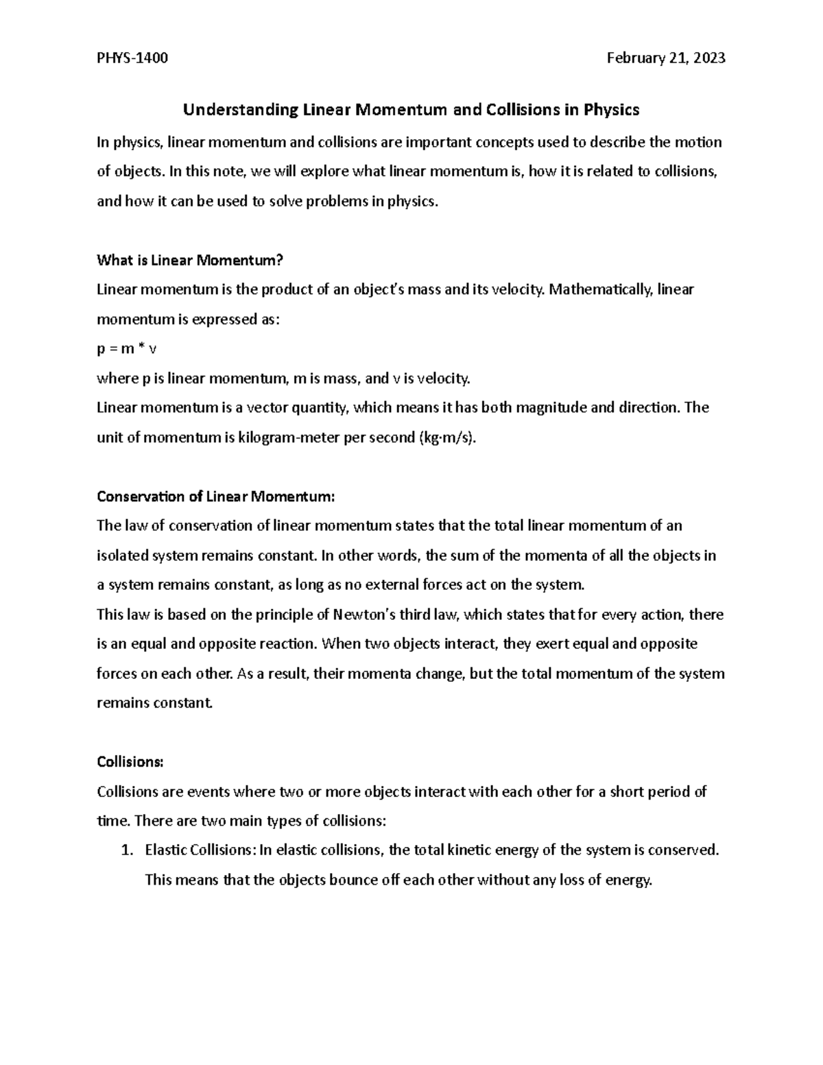 Linear Momentum and Collisions - In this note, we will explore what ...