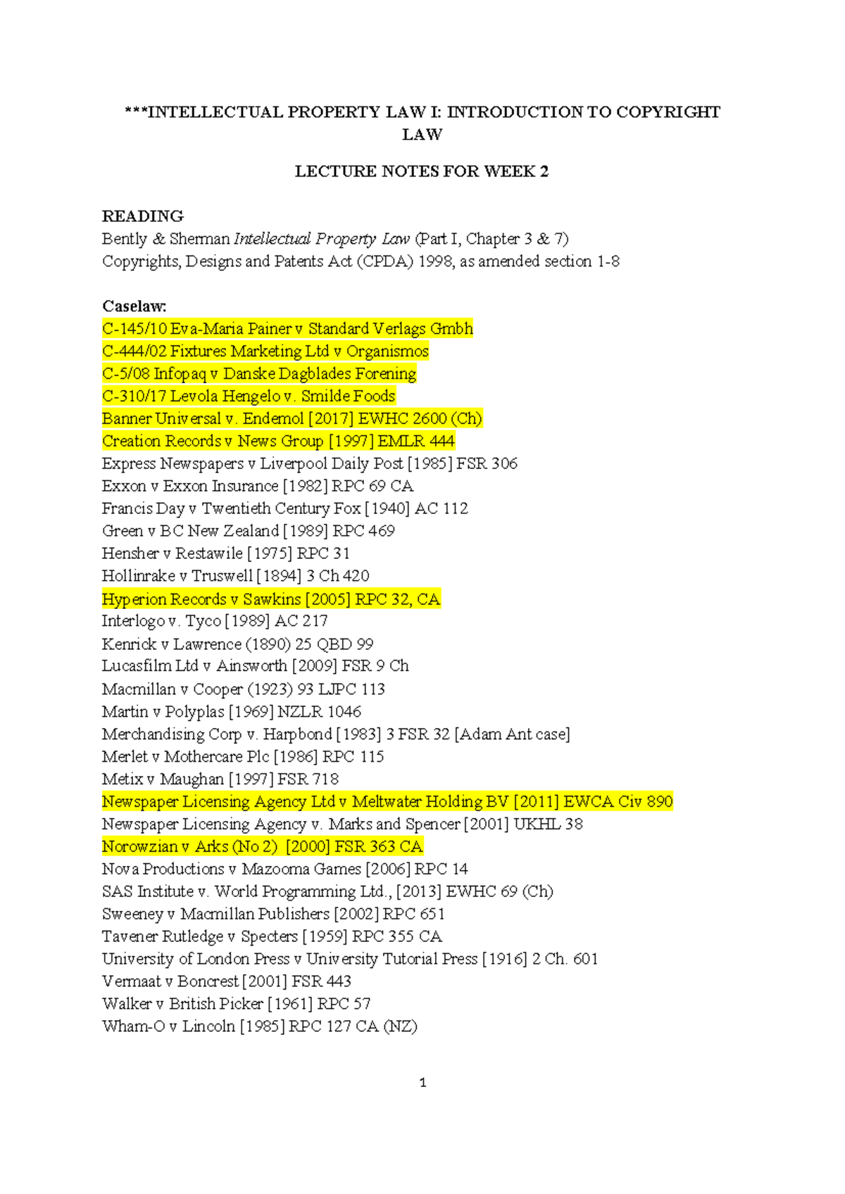 Lecture Notes for Subject Matter of Copyrights - ***INTELLECTUAL ...