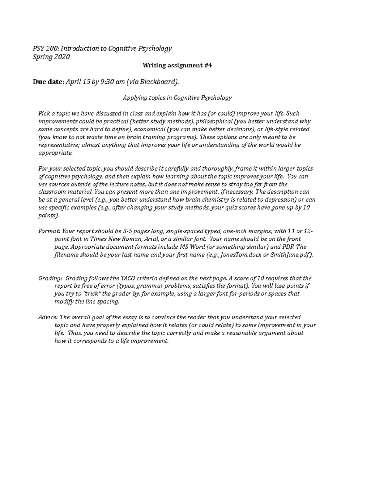 Writing Assignment 4 - PSY 200: Introduction to Cognitive Psychology ...