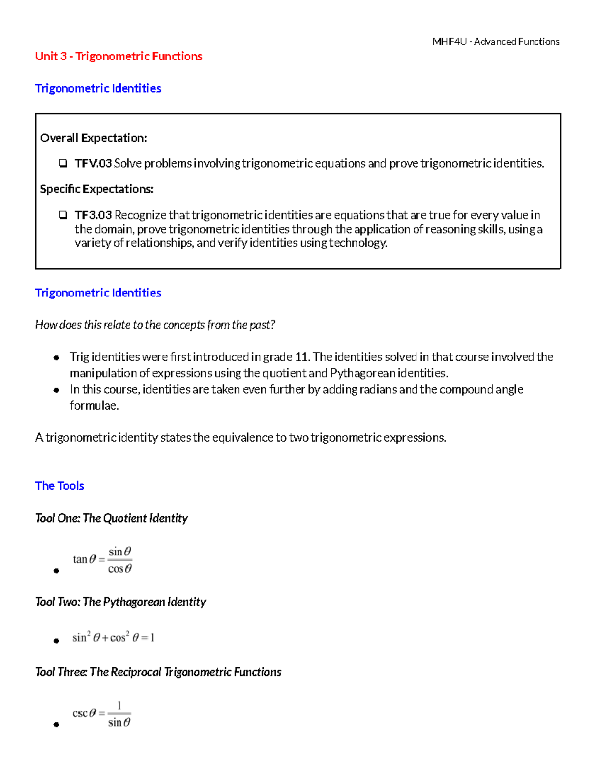 10 Trigonometric Identities - Unit 3 - Trigonometric Functions ...