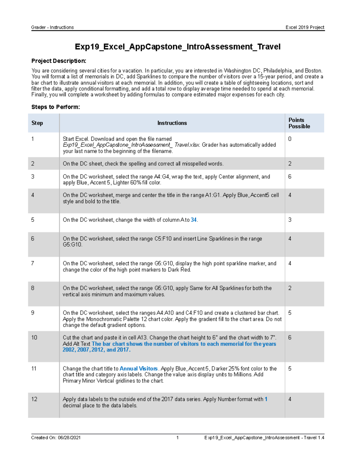 Exp19 Excel App Capstone Intro Assessment Travel Instructions - Grader - Instructions Excel 2019 ...