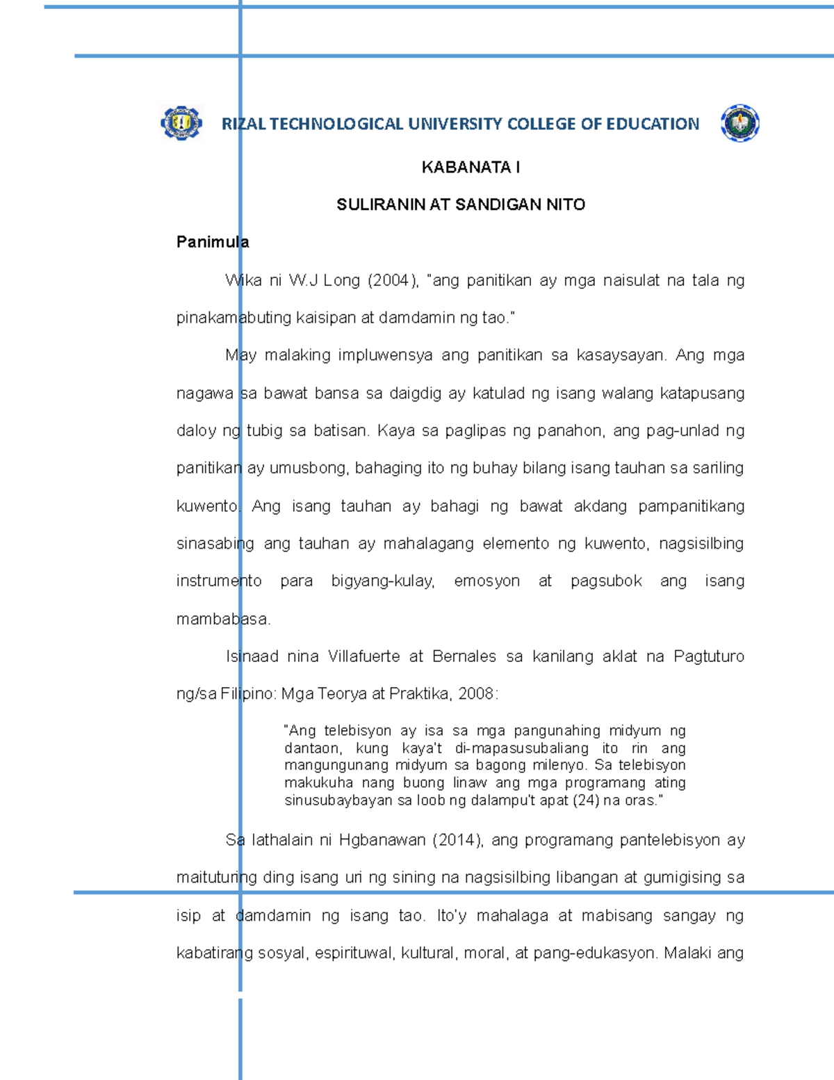 Halimbawa ng proposal - Datos ng Kalidad - kabanata 1-5 - KABANATA I ...
