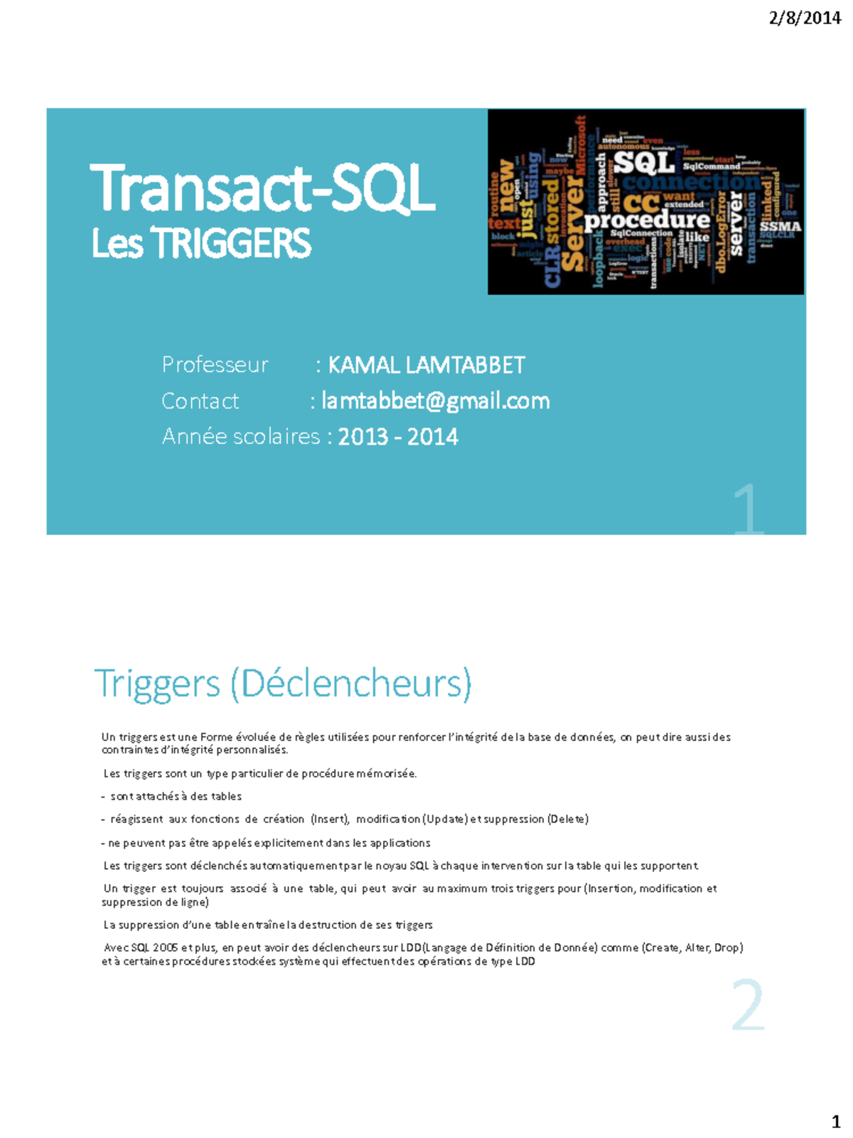 4.SGBD (Triggers) - Programming - Transact-SQL Les TRIGGERS Professeur ...