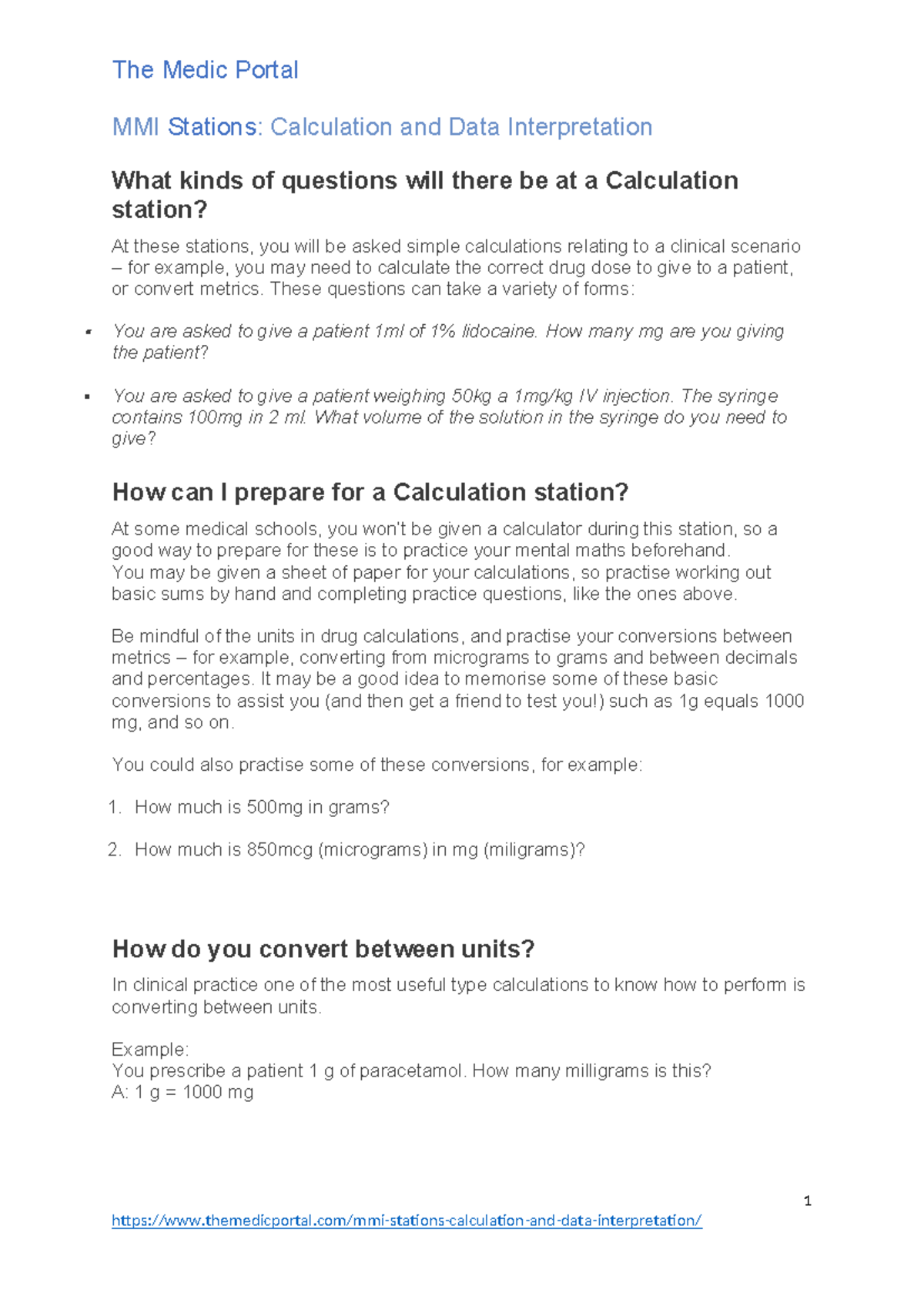 The Medic Portal - Calculation station - MMI Stations: Calculation and ...
