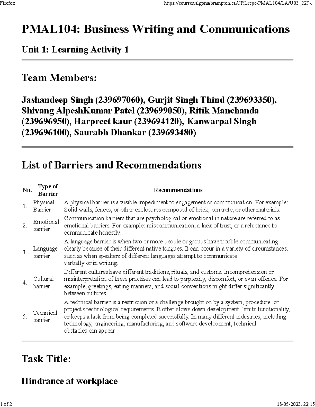 Unit-3 Group Learning Activity - PMAL104: Business Writing and Communications Unit 1: Learning ...