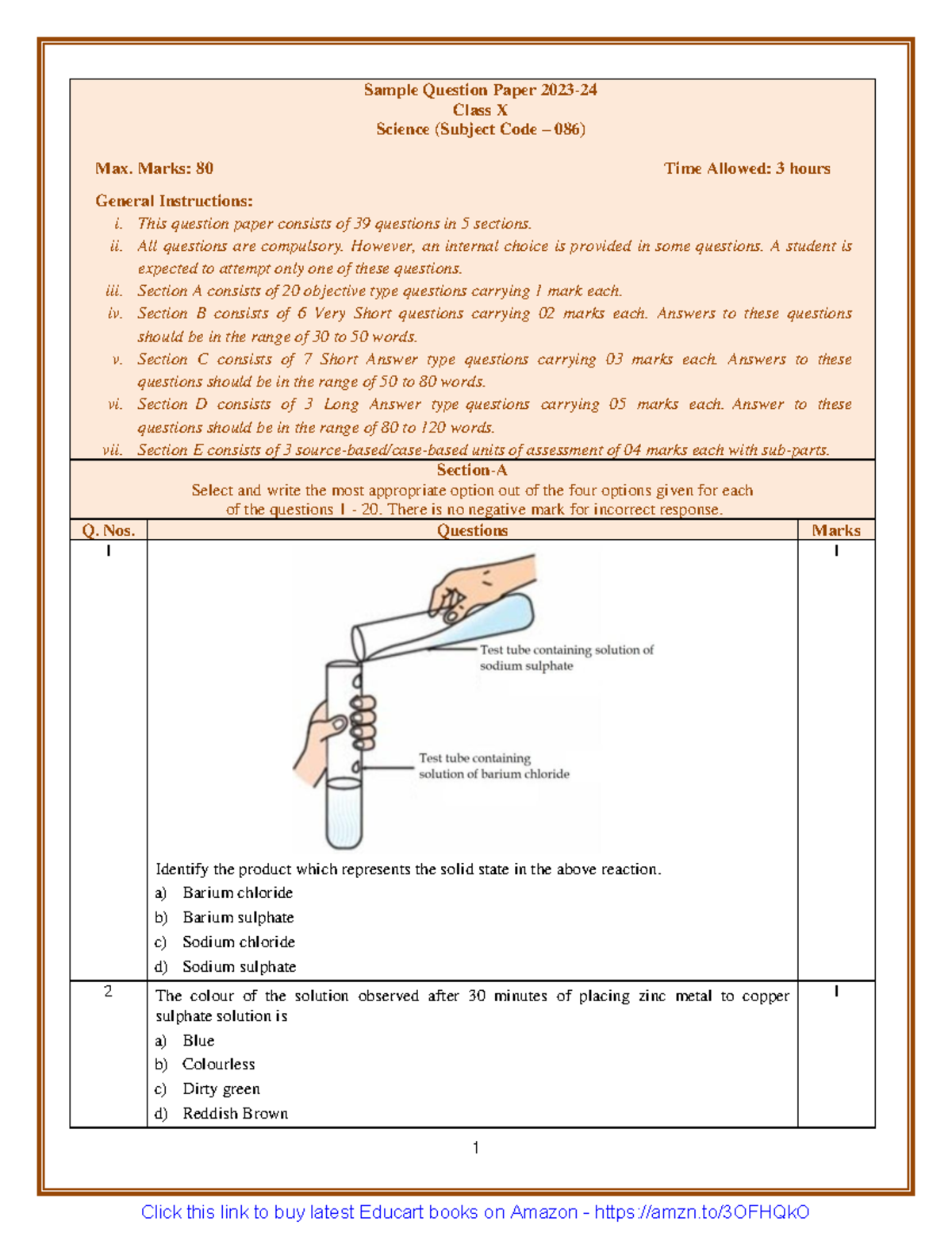 Science 2024 SQP - SQP of CBSE of classX - 1 Sample Question Paper 2023 ...