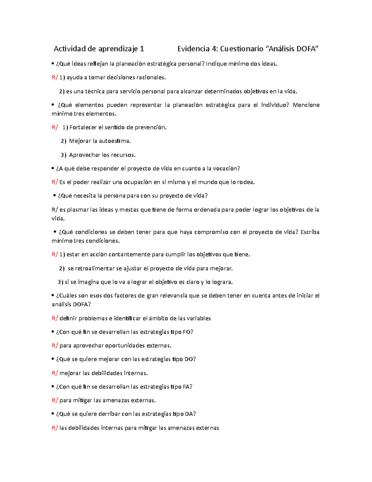 DOFA - PREGUNTAS DOFA - Actividad de aprendizaje 1 Evidencia 4 ...