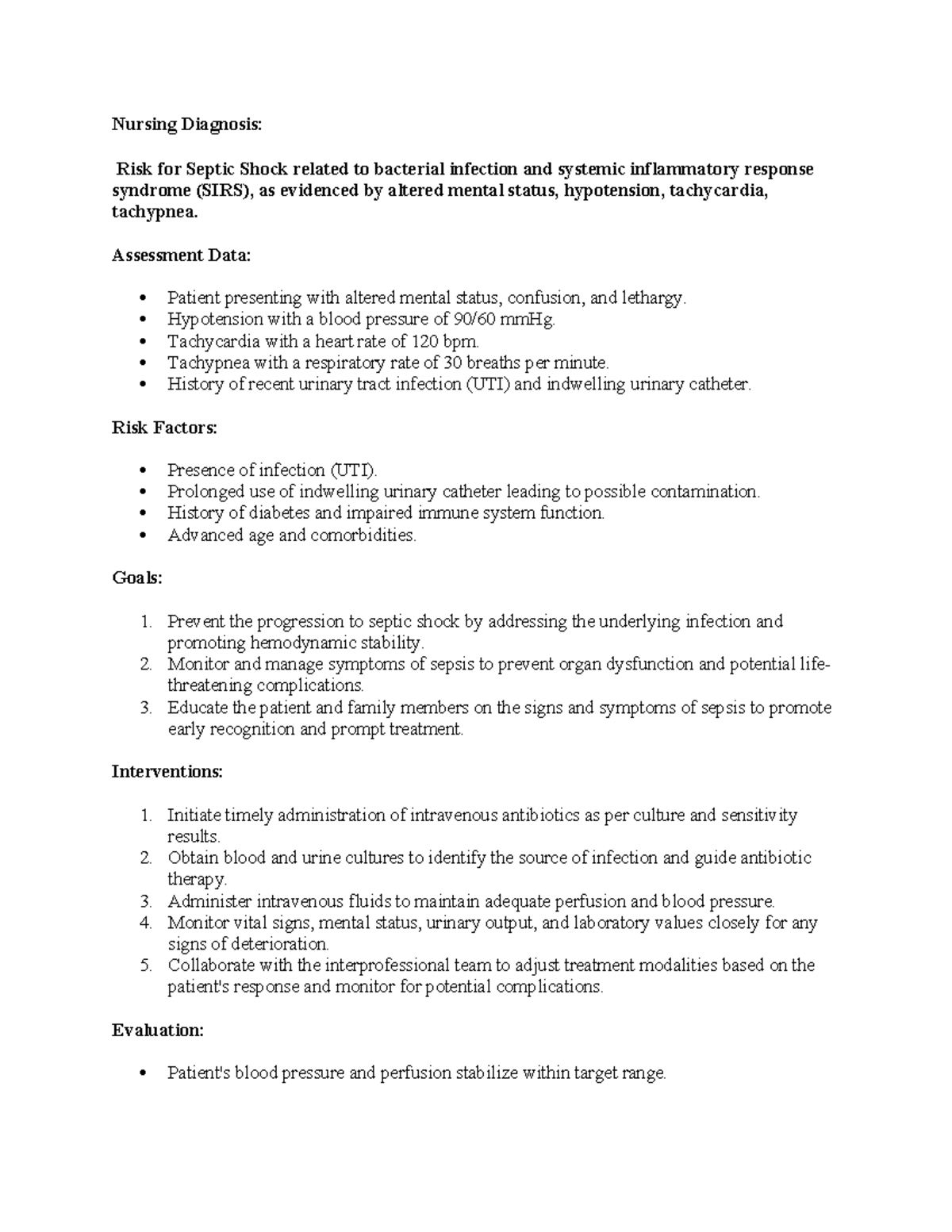 Care Plan - med surg 1 care plan - Nursing Diagnosis: Risk for Septic ...