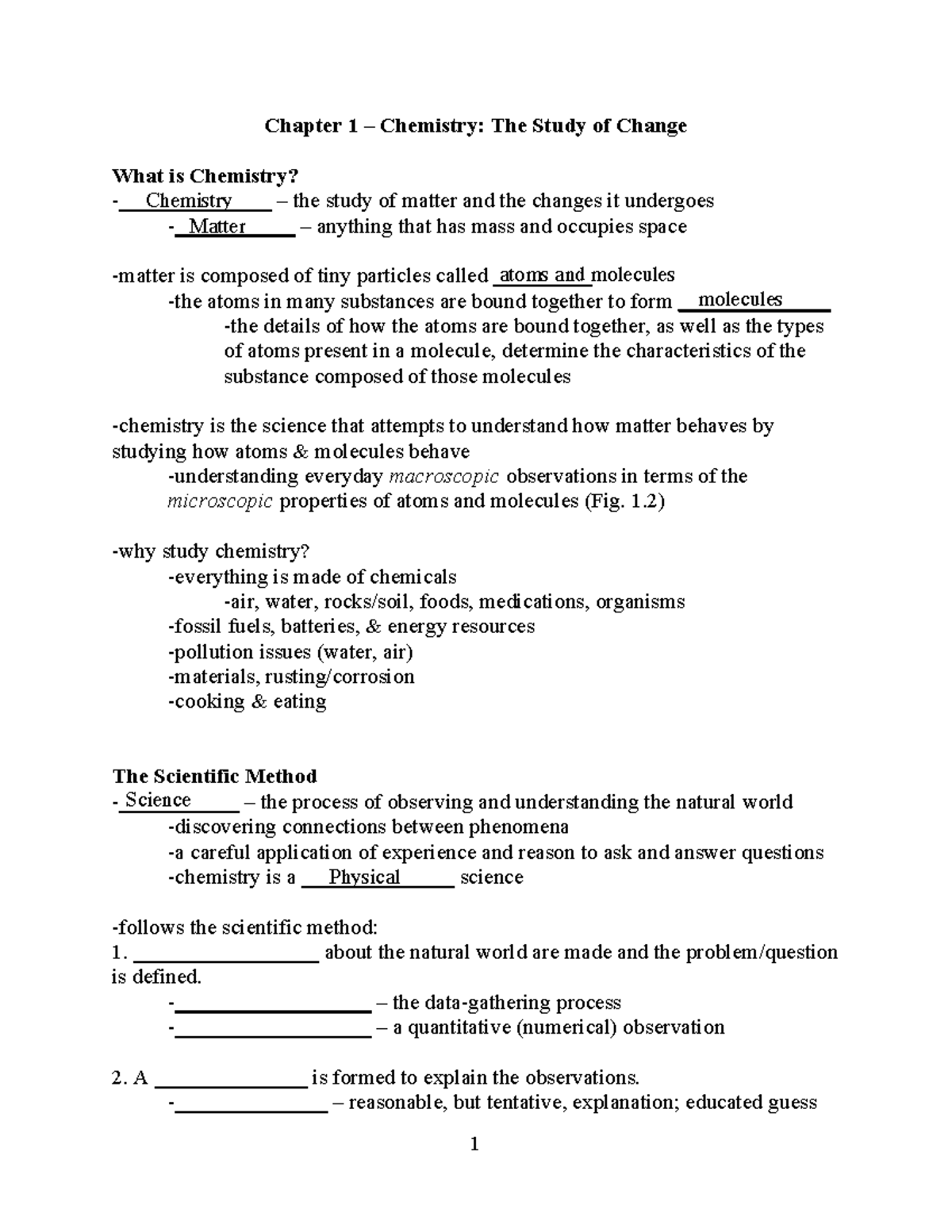 150 ch1 notes student - Chapter 1 – Chemistry: The Study of Change What ...