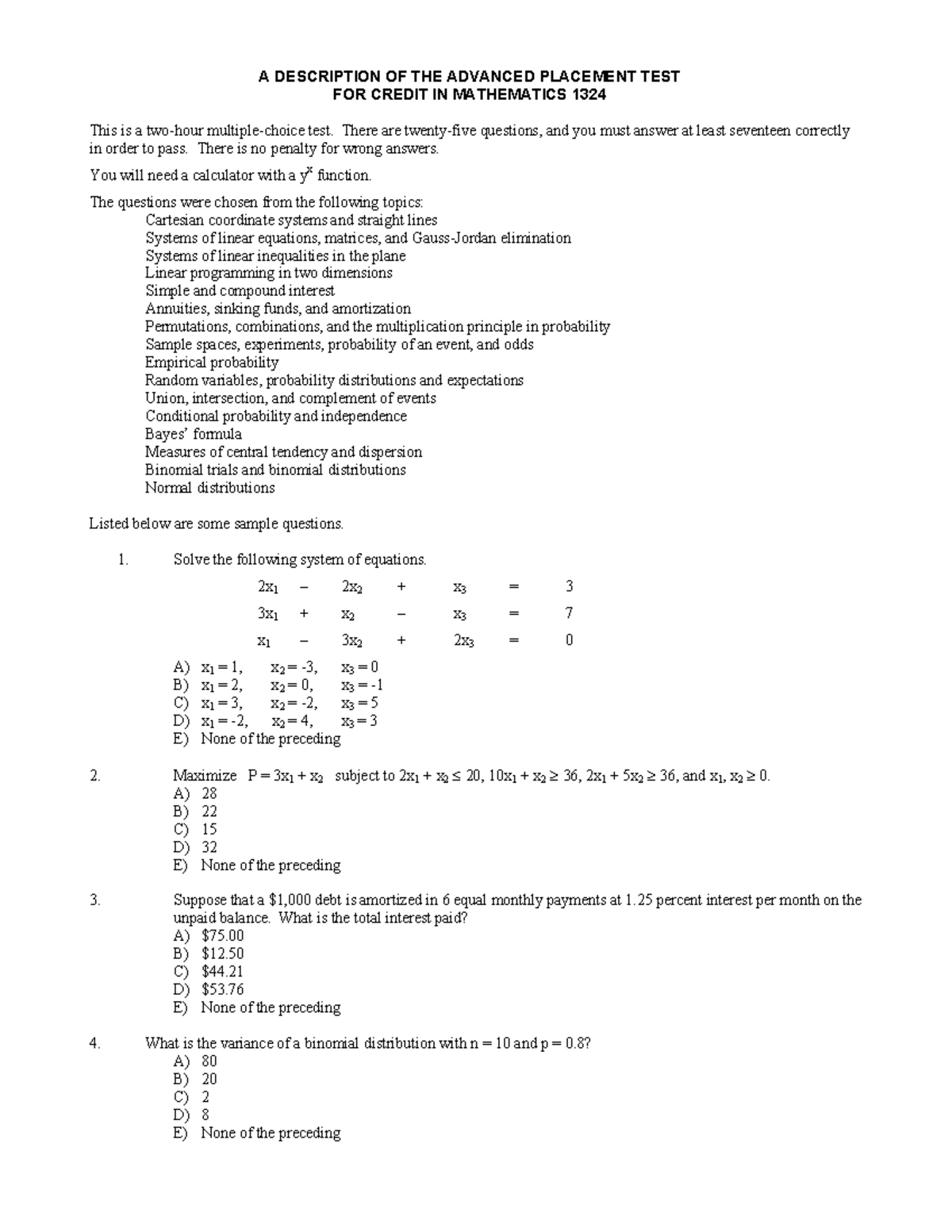 Math 1324 sample questions dc - A DESCRIPTION OF THE ADVANCED PLACEMENT ...