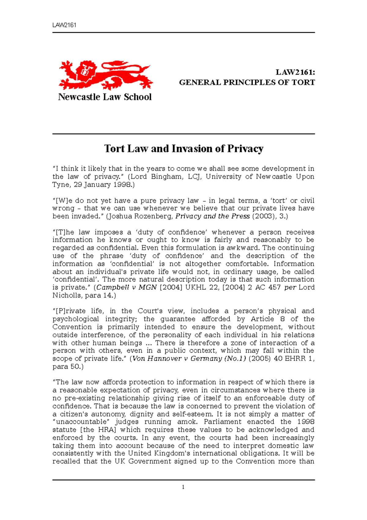 Privacy Handout 2022 - Newcastle Law School LAW2161: GENERAL PRINCIPLES ...