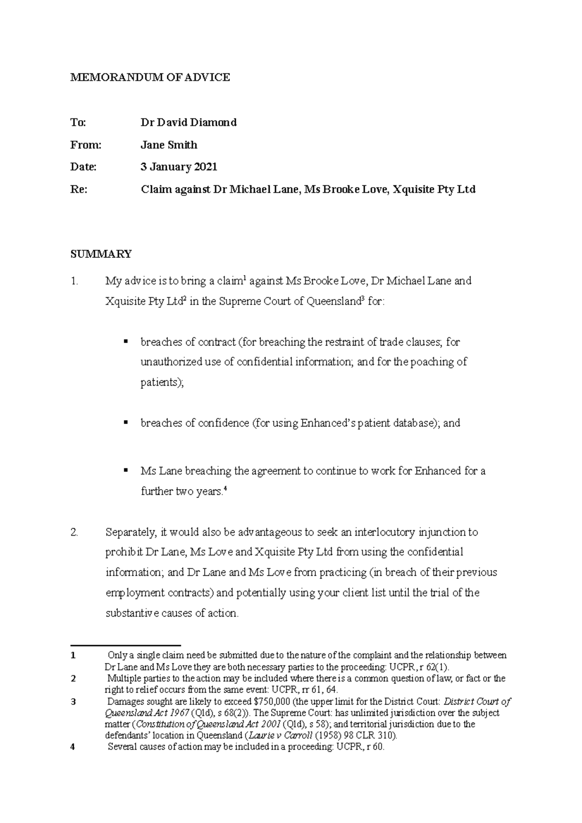 Memorandum of Advice 2021 Summer Feedback - MEMORANDUM OF ADVICE To: Dr ...