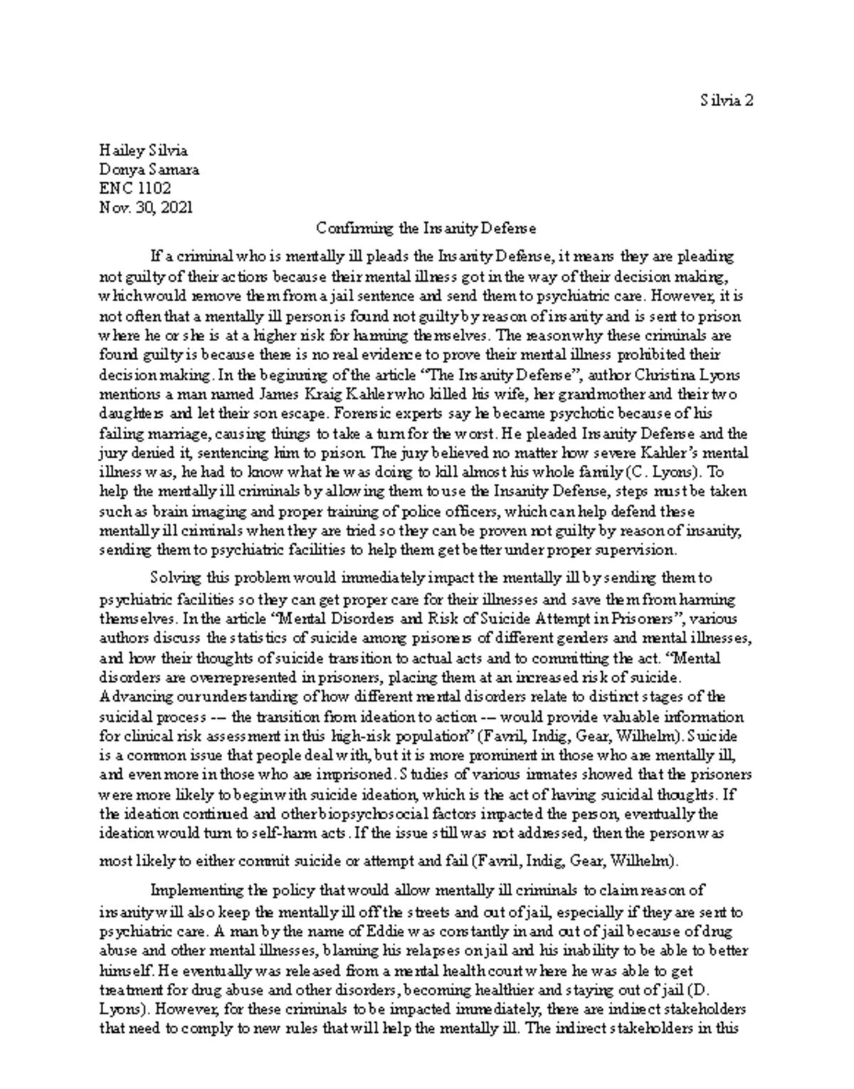 Consensus Essay - Silvia 2 Hailey Silvia Donya Samara ENC 1102 Nov. 30 ...