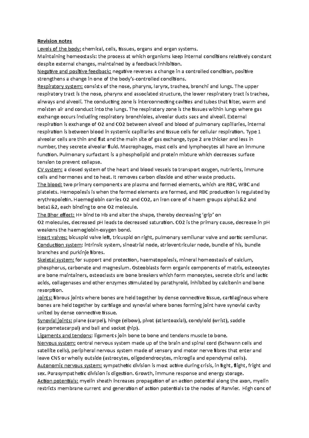 Human Anatomy and Physiology summary notes - Revision notes Levels of ...