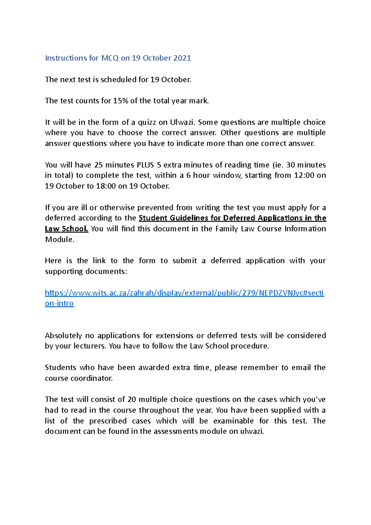 Instructions for MCQ on 19 October final - The test counts for 15% of ...