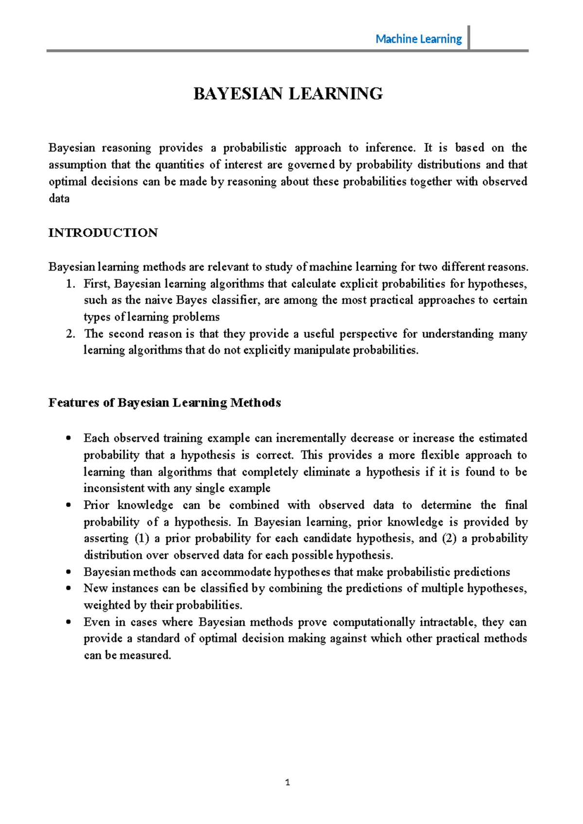 ML4 - UNIT WISE LECTURE NOTES - BAYESIAN LEARNING Bayesian reasoning ...