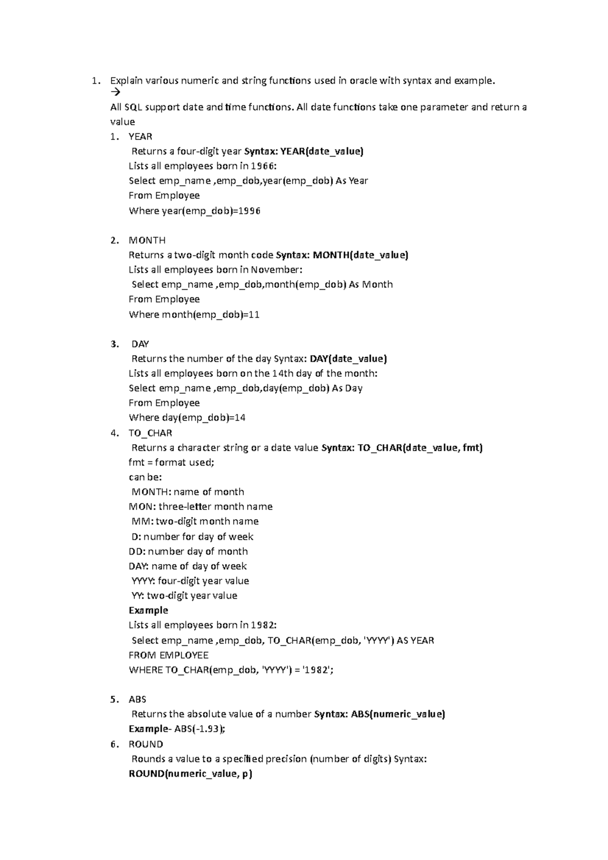 Unit 2 - abc - Explain various numeric and string functions used in ...