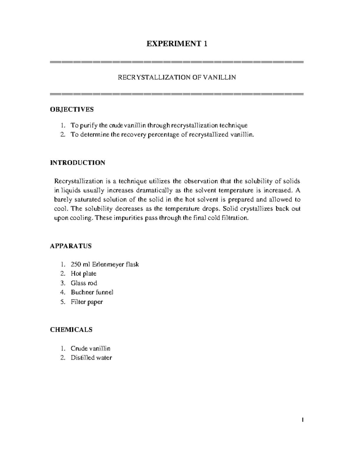 CHM258 Lab Manual - EXPERIMENT 1