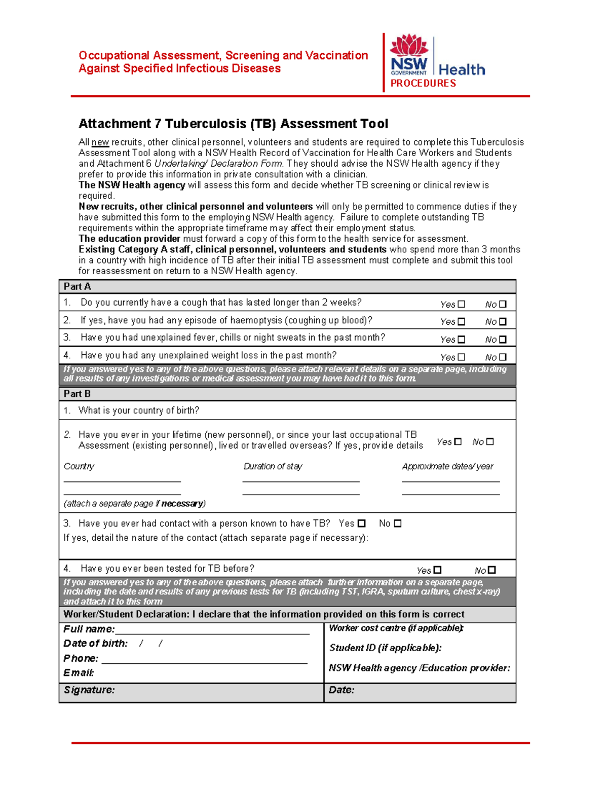 TB questionnaire - 2FFXSDWLRQDO $VVHVVPHQW 6FUHHQLQJ DQG 9DFFLQDWLRQ ...