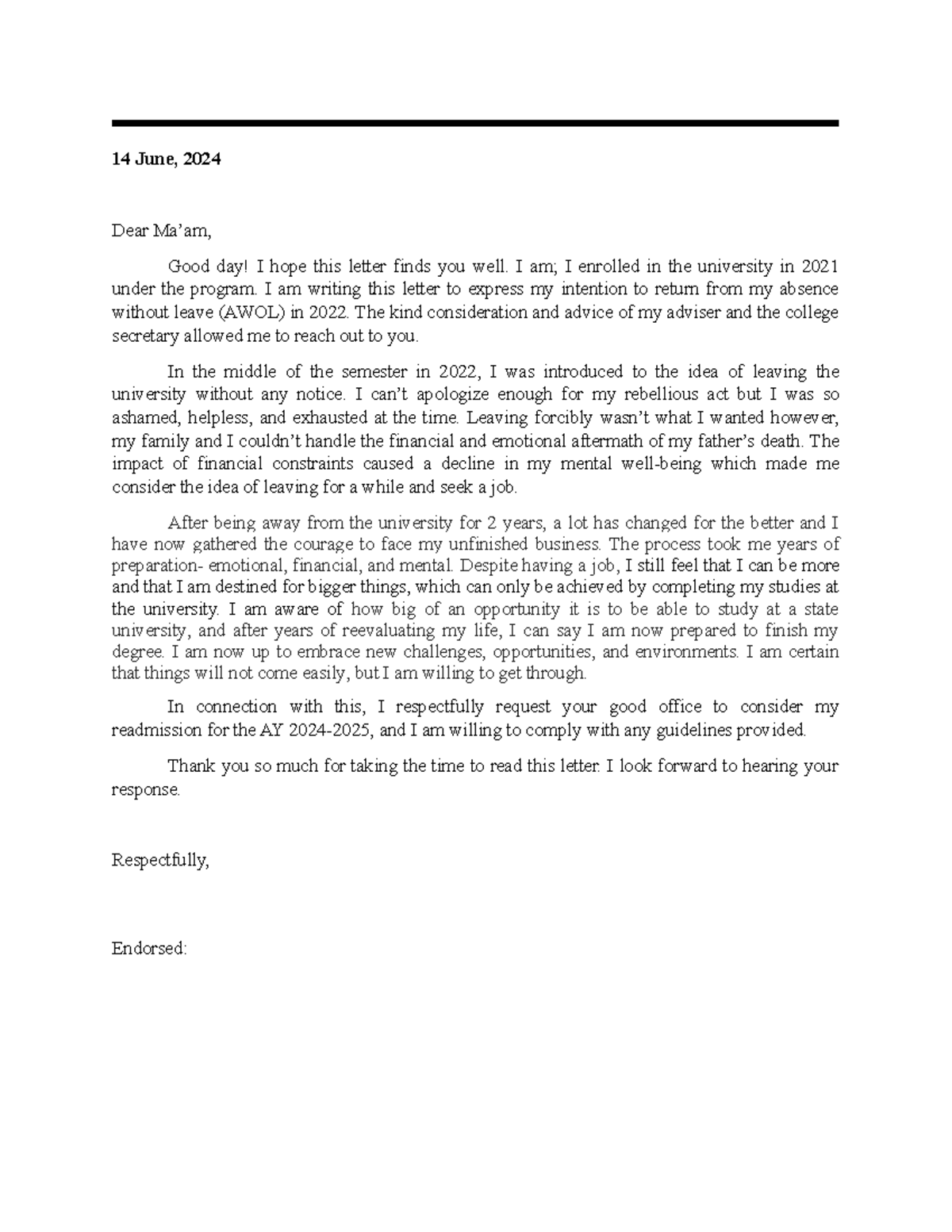 Letter OF Intent TO Return FROM AWOL - 14 June, 2024 Dear Ma’am, Good ...