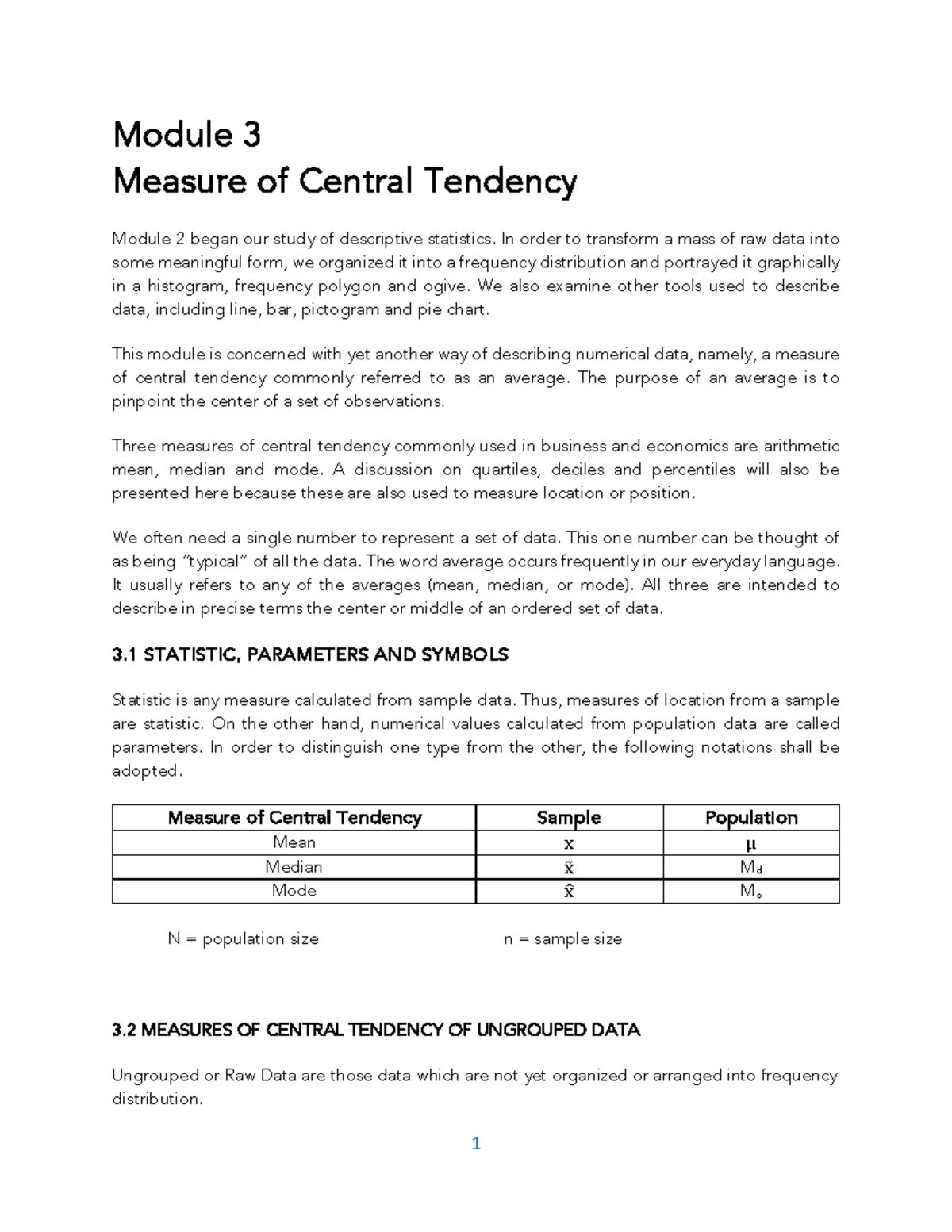 Module 3 Measure of Central Tendency - 1 Module 3 Measure of Central ...