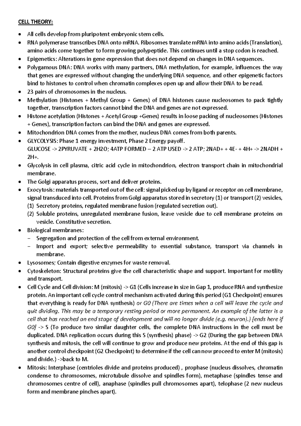 Revision Notes - CELL THEORY: All cells develop from pluripotent ...